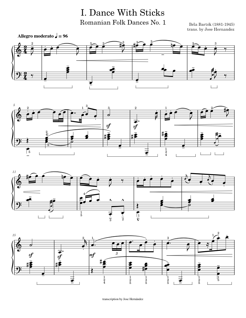 I. Dance With Sticks, Romanian Folk Dances No. 1 - Béla Bartók Sheet ...