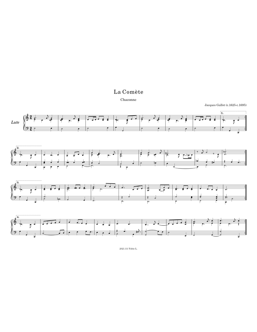 Jacques Gallot: Chaconne "La Comète" Sheet Music for Piano (Solo ...