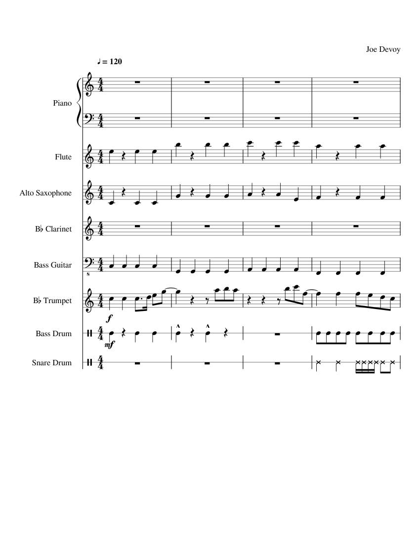 Band song 1 Sheet music for Piano, Flute, Clarinet in b-flat, Saxophone ...