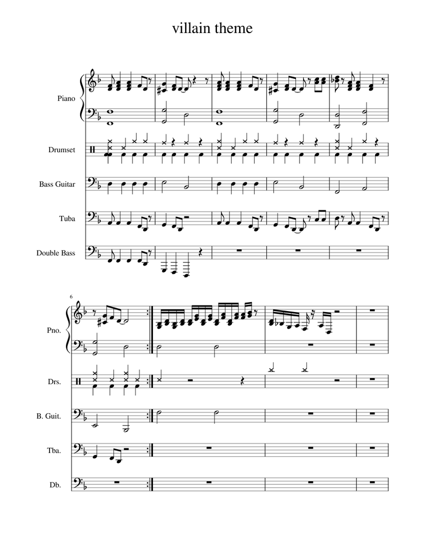 villain theme Sheet Music for Piano, Tuba, Contrabass, Bass guitar ...