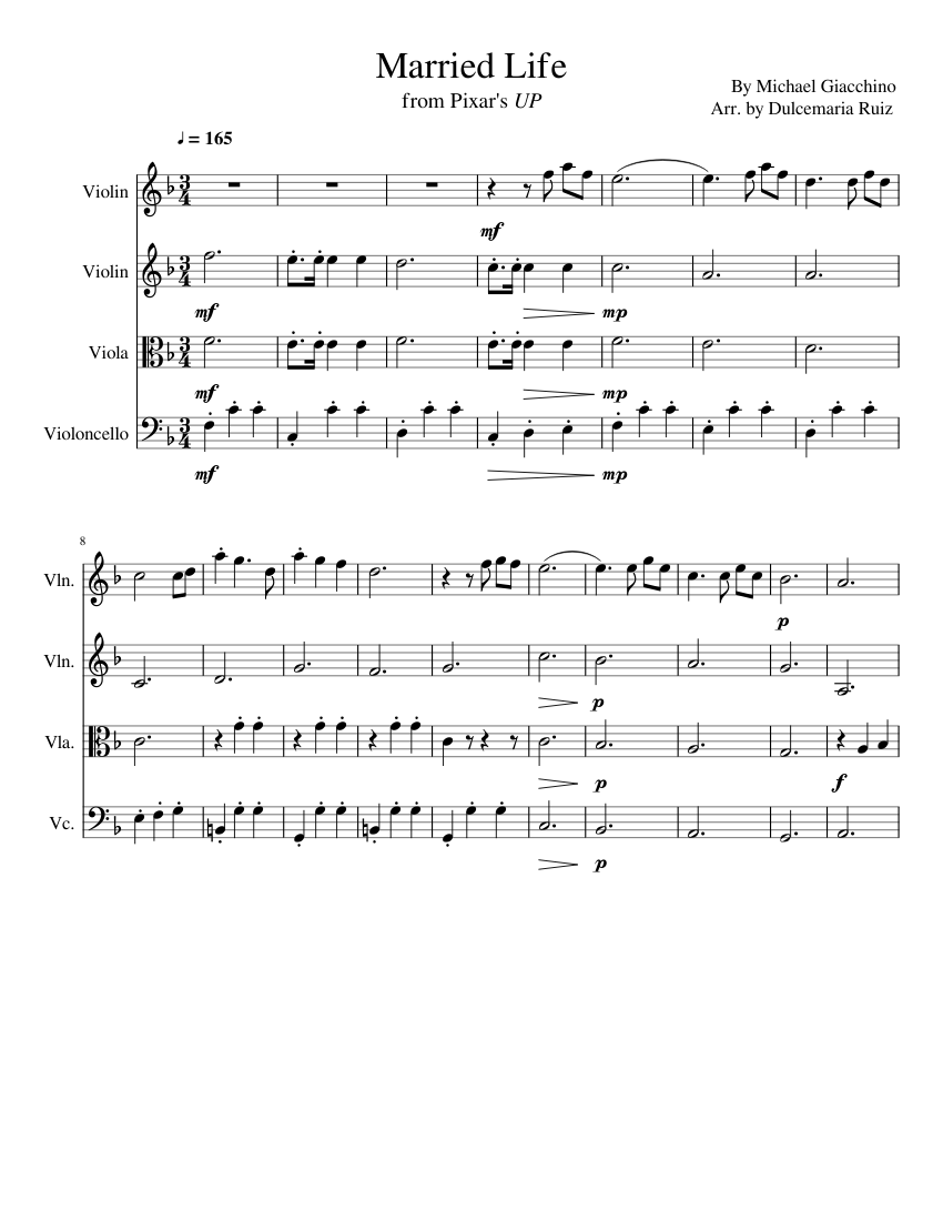 Married Life Sheet Music for Violin, Viola, Cello (String Quartet ...
