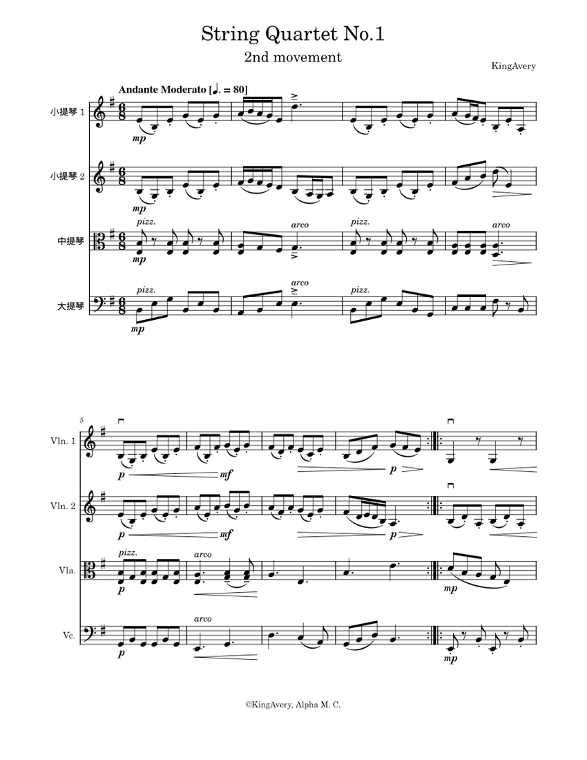 String Quartet No.1 mvt.2 Sheet music for Violin, Viola, Cello (String Quartet) | Musescore.com