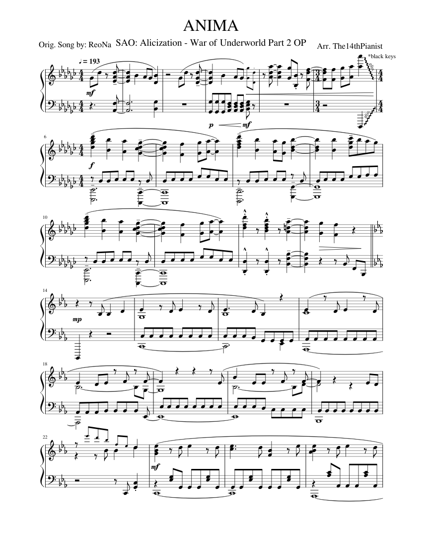 ANIMA (SAO Alicization - War of Underworld Part 2 OP Full) Sheet Music for Piano (Solo ...