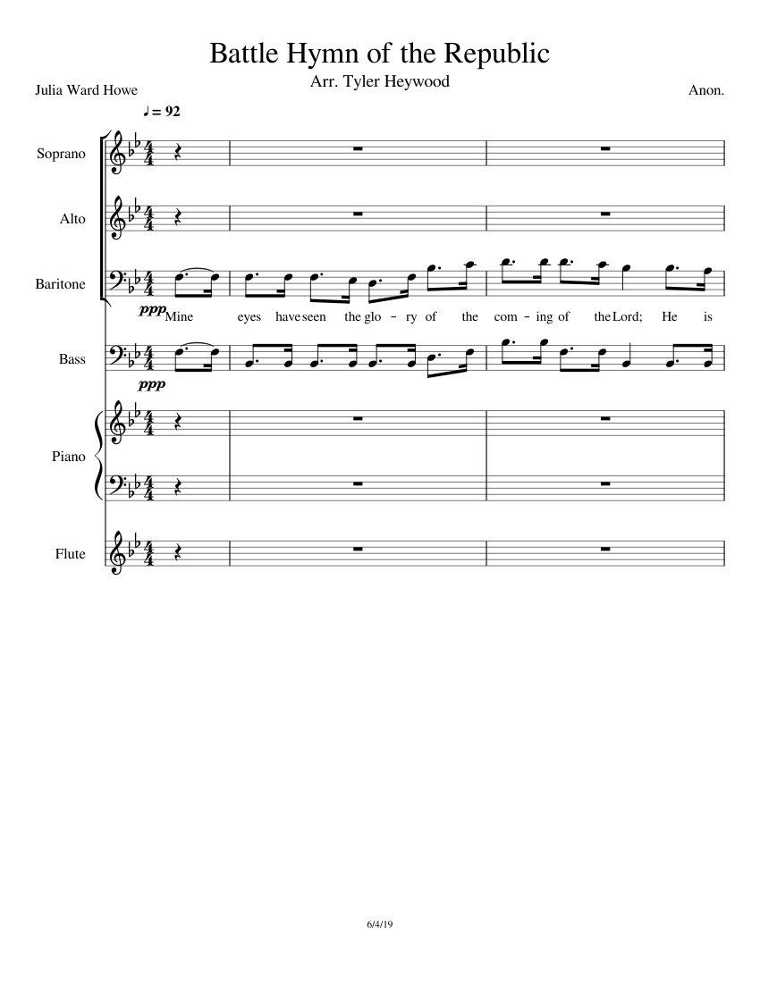 Battle Hymn of the Republic Sheet Music for Piano, Soprano, Alto, Bass ...