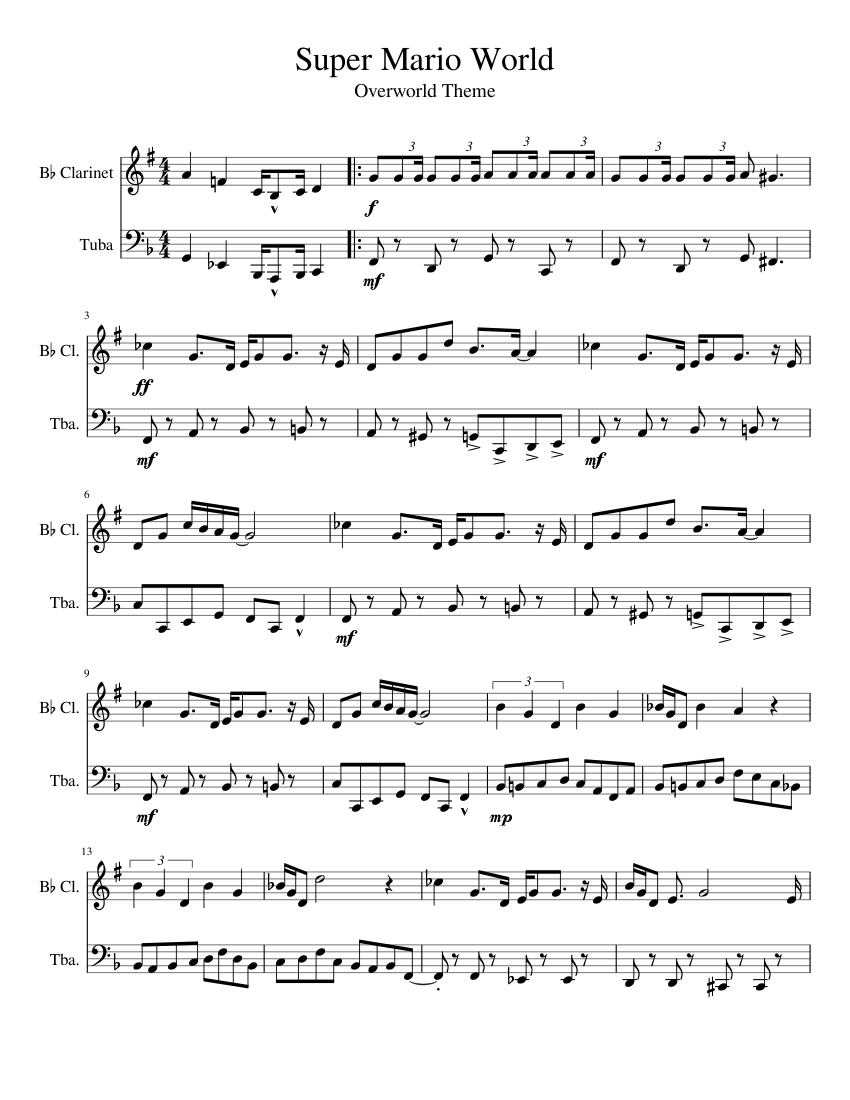 Super Mario World Sheet Music for Tuba, Clarinet in b-flat (Mixed Duet ...
