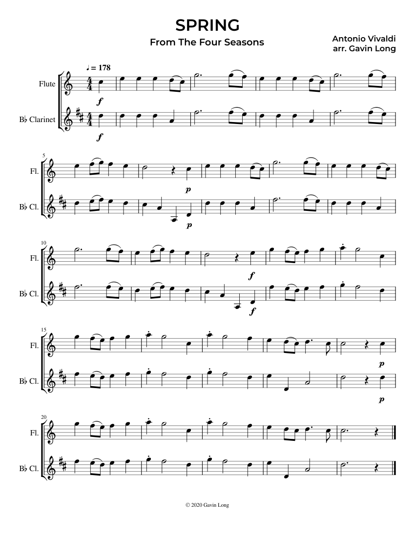 "Spring" from The Four Seasons - Flute & Clarinet Duet Sheet Music for ...