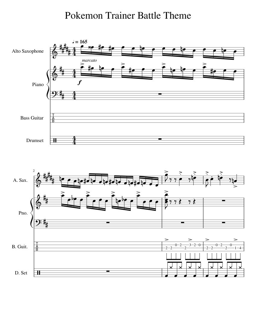 Pokemon Trainer Battle Theme Sheet Music and Tab for Piano, Saxophone ...