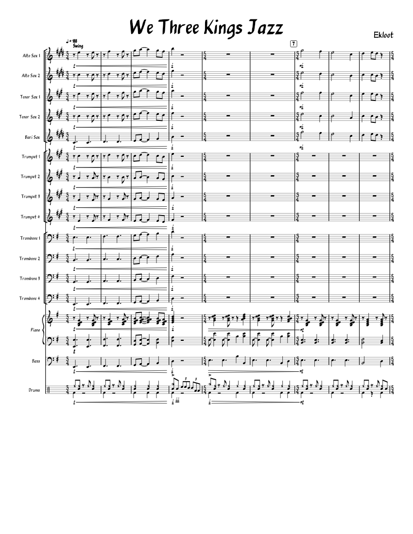 We Three Kings for Jazz Band Sheet Music for Piano, Trombone, Saxophone ...