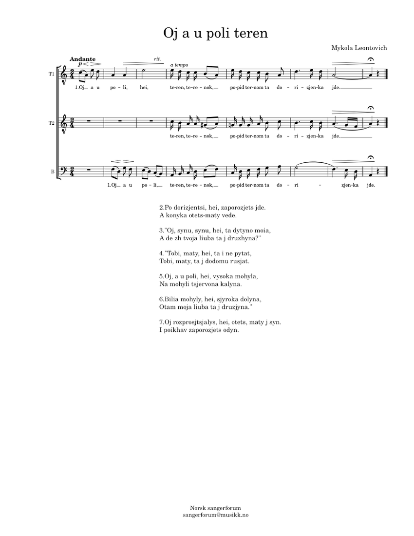 Oi a poli teren – Mykola Leontovych Sheet Music for Tenor, Bass voice ...