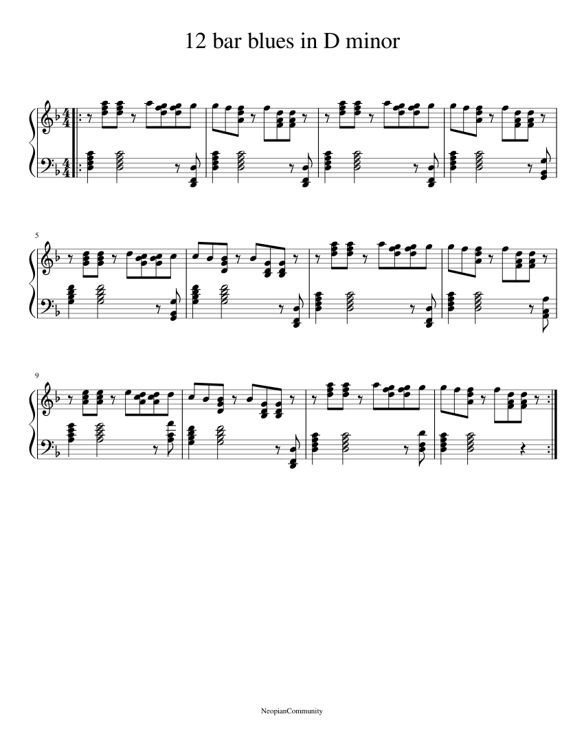 12 bar blues in D minor Sheet Music for Piano (Solo) easy | MuseScore.com