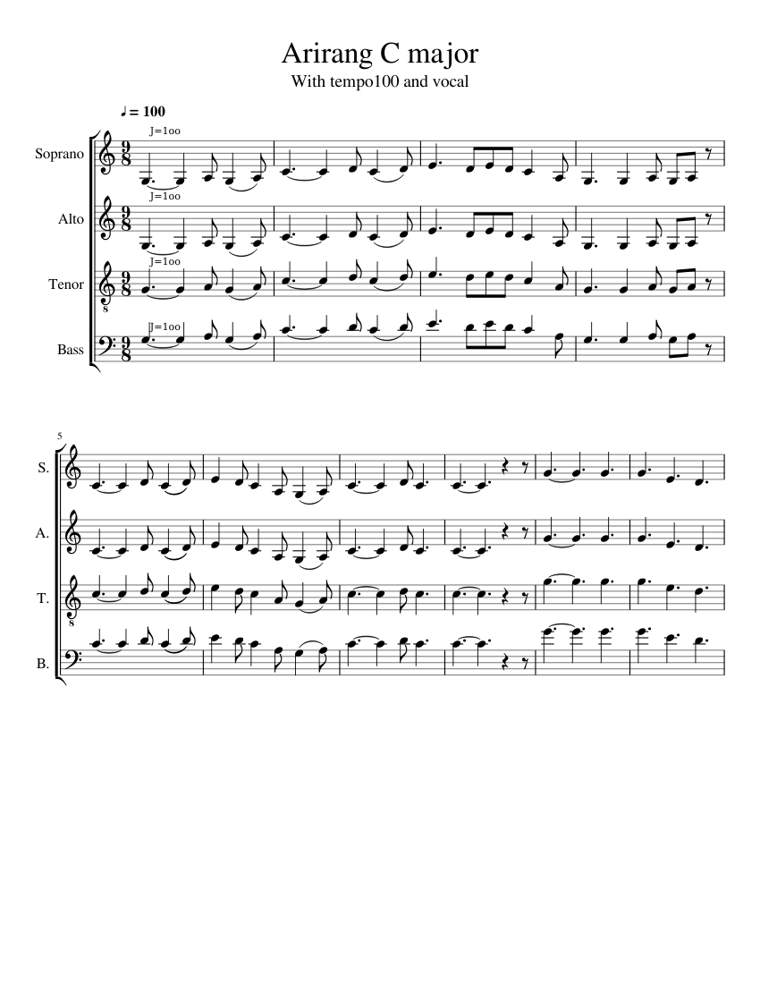 Arirang C major with Vocal Sheet Music for Soprano, Alto, Tenor, Bass ...