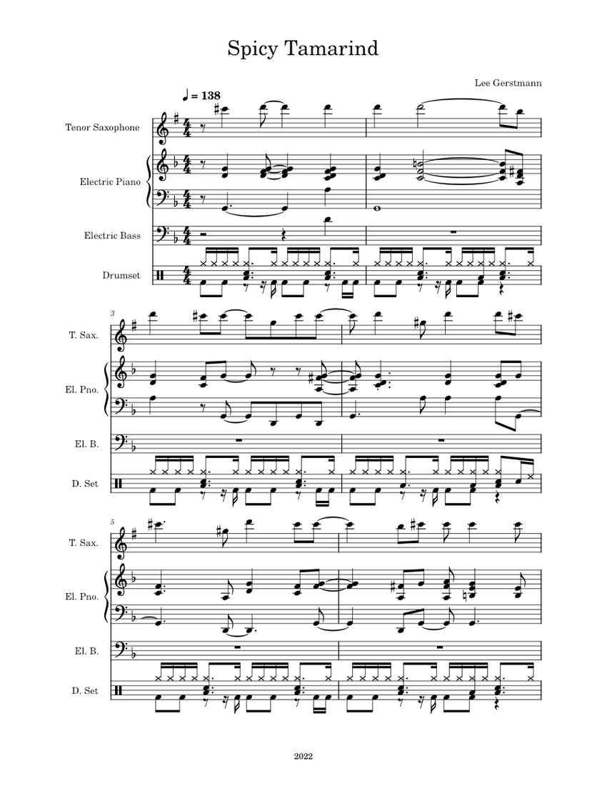 Spicy Tamarind Sheet music for Piano, Saxophone tenor, Bass guitar ...