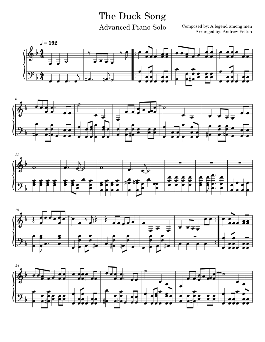 The Duck Song – Bryan Oden The Duck Song - Advanced Piano Solo Sheet ...