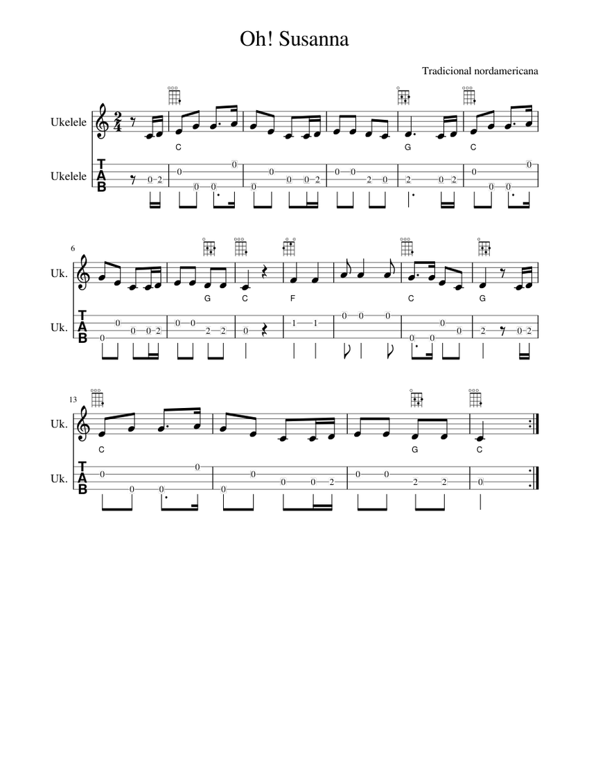 Oh! Susanna Sheet Music for Ukulele (Mixed Duet) | MuseScore.com