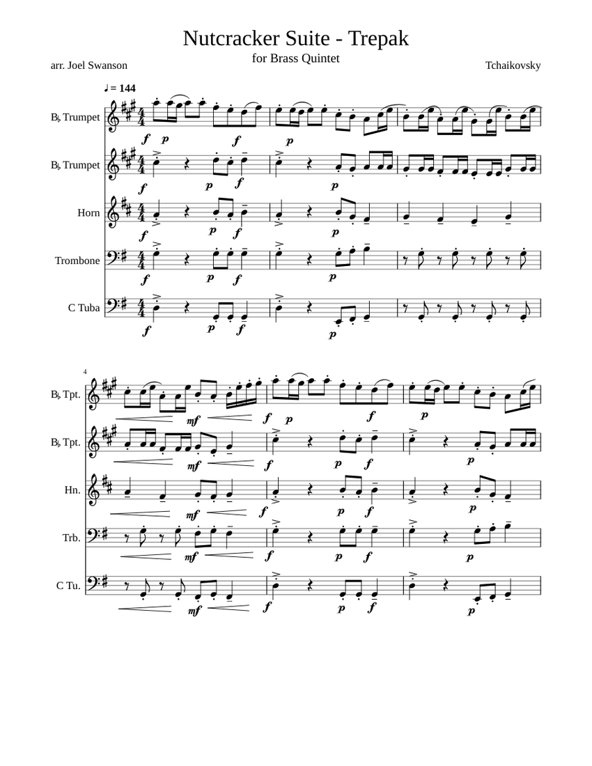 Nutcracker Suite - Trepak Sheet Music for Trombone, Tuba (Brass Quintet ...