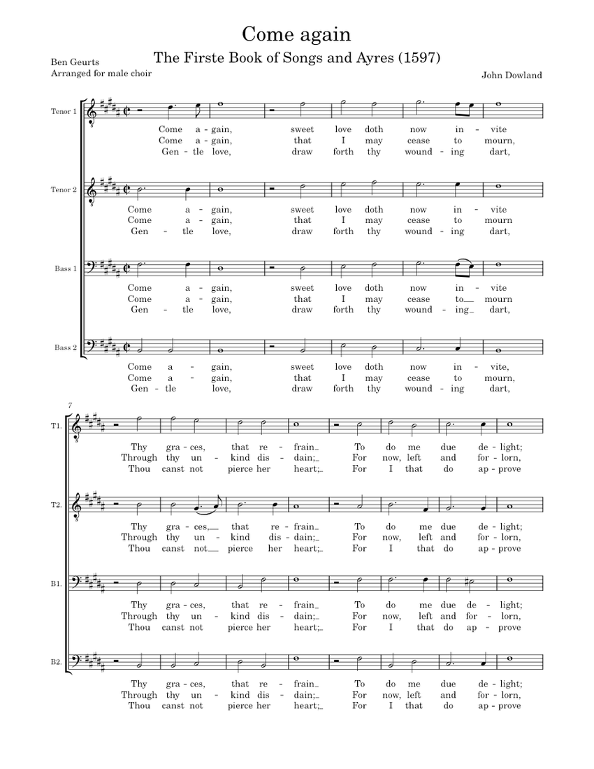 Come again – John Dowland Sheet music for Tenor, Bass voice (Men’s ...