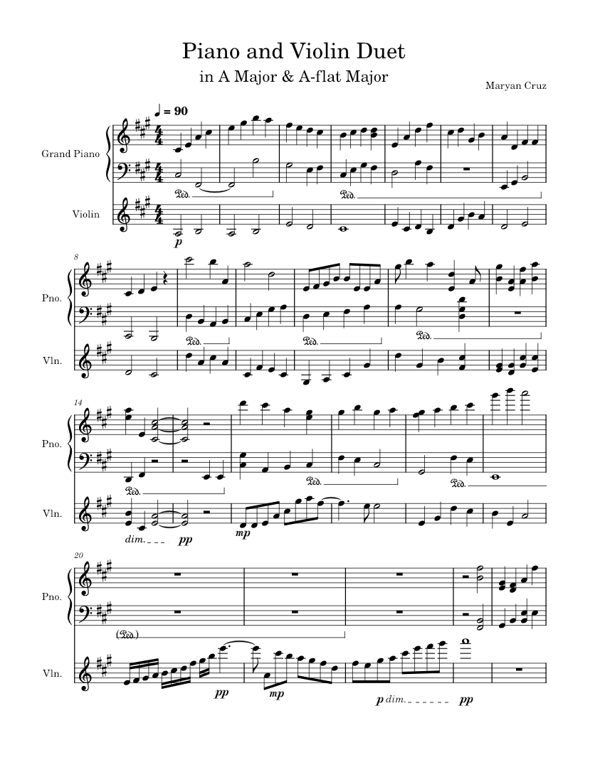 Piano and Violin Duet in A major & A-flat Major Sheet Music for Piano ...