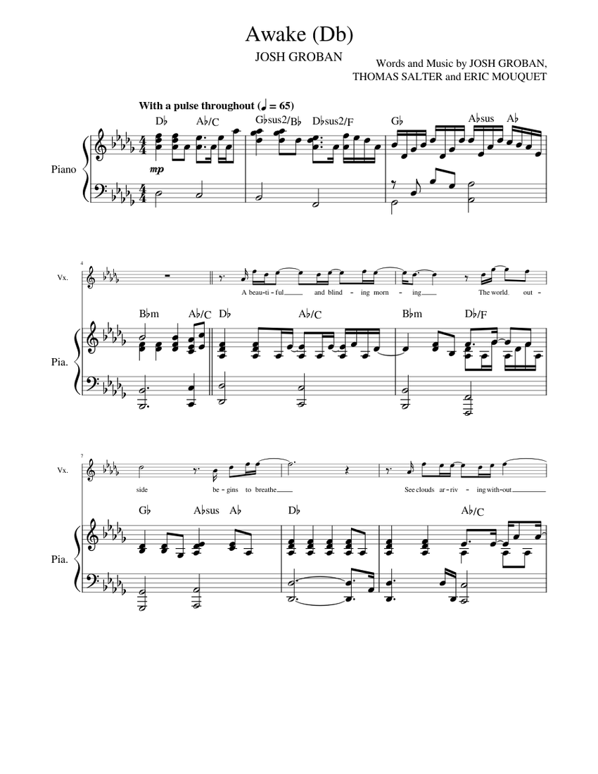Awake (higher key) – Josh Groban Sheet Music with Chords for Piano ...