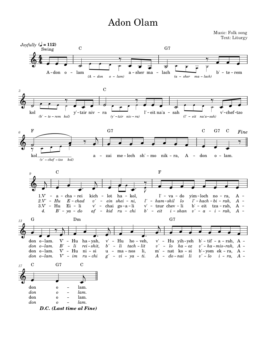 Adon Olam Sheet Music with Chords for Piano (Solo) easy | MuseScore.com