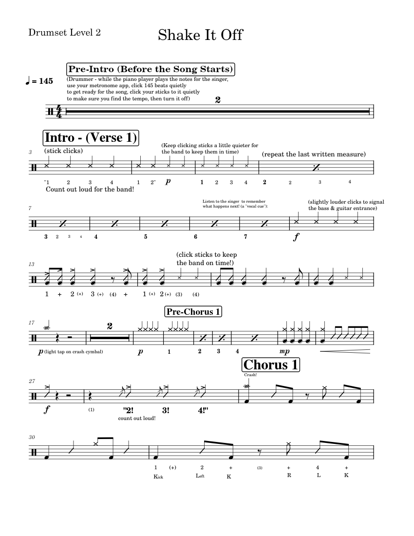 Shake It Off - Taylor Swift (Drumset Level 2) Sheet Music for Drum group (Solo) | MuseScore.com