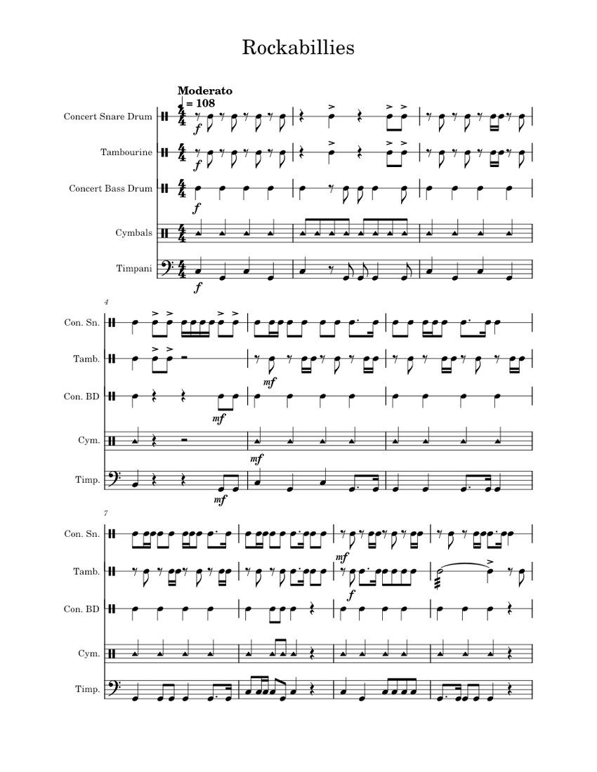 Rockabillies Sheet music for Tambourine, Timpani, Snare drum, Crash ...