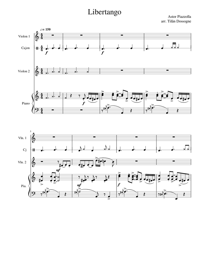 Libertango trio Sheet Music for Piano, Violin, Conga (Mixed Quartet ...