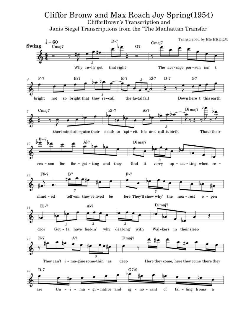 Joy Spring – Clifford Brown Solo Transcription with Manhattan Transfer Vocalese Sheet music for ...