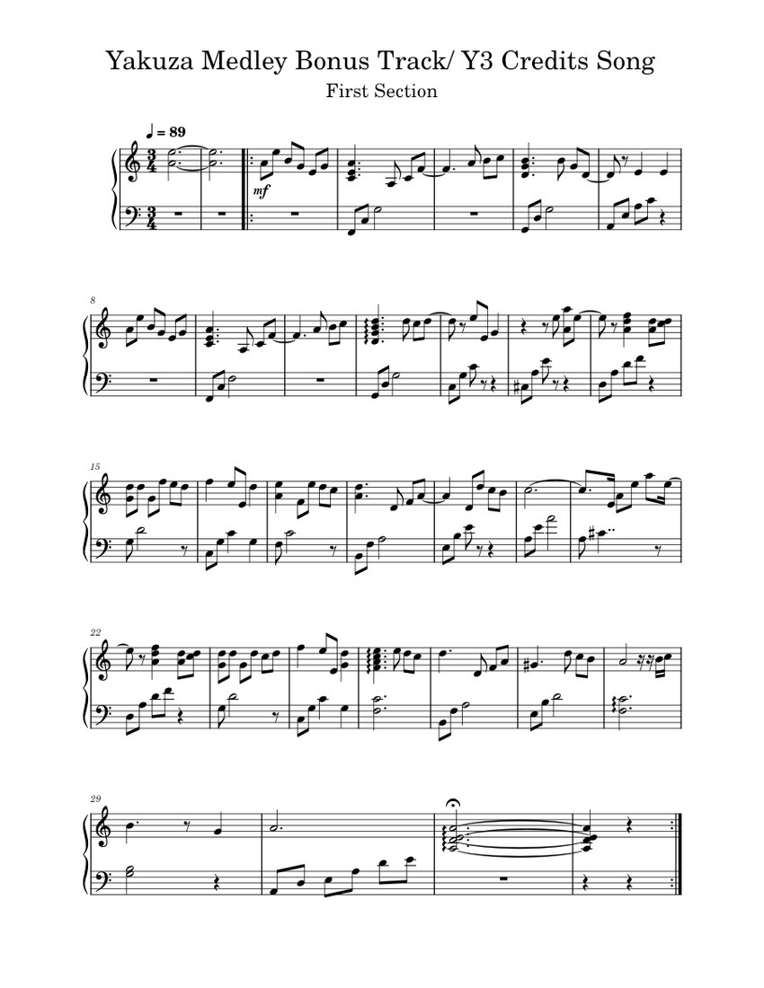 Yakuza Medley Bonus Track / Y3 Credits Song Sheet music for Piano (Solo ...