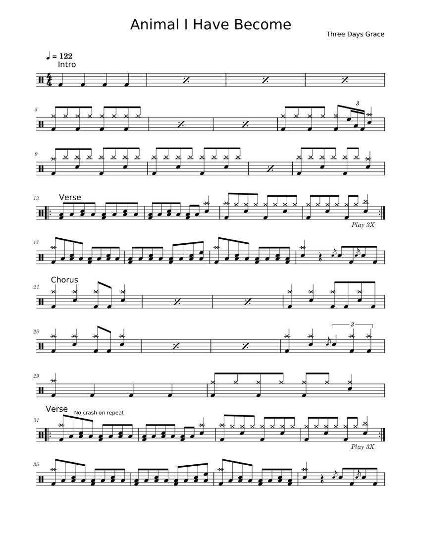 Animal I Have Become - Three Days Grace Sheet Music for Drum group ...