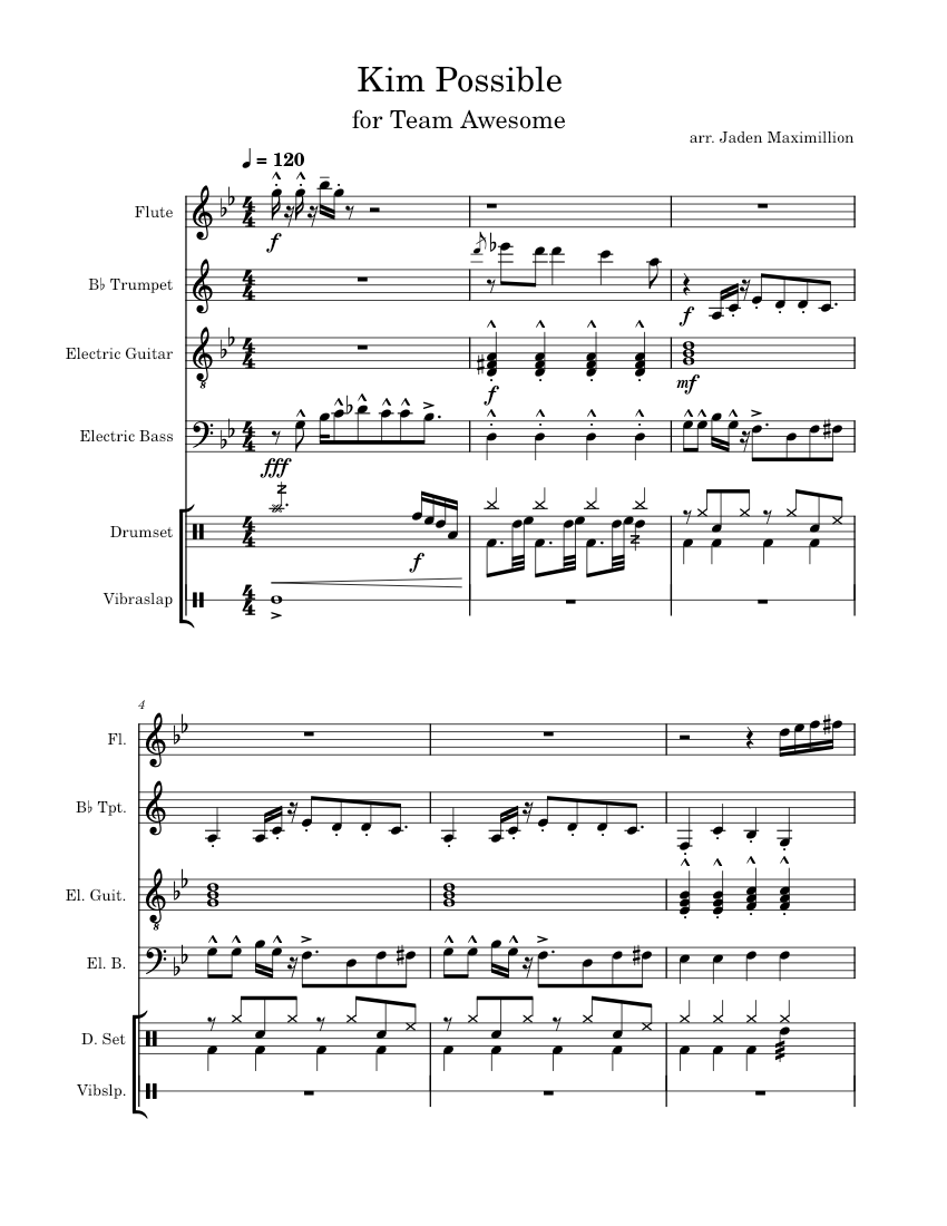 Kim Possible Sheet Music for Flute, Trumpet in b-flat, Guitar, Bass ...