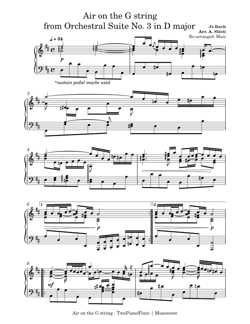 Air on the G string from Orchestral Suite No 3 in D major Sheet Music ...