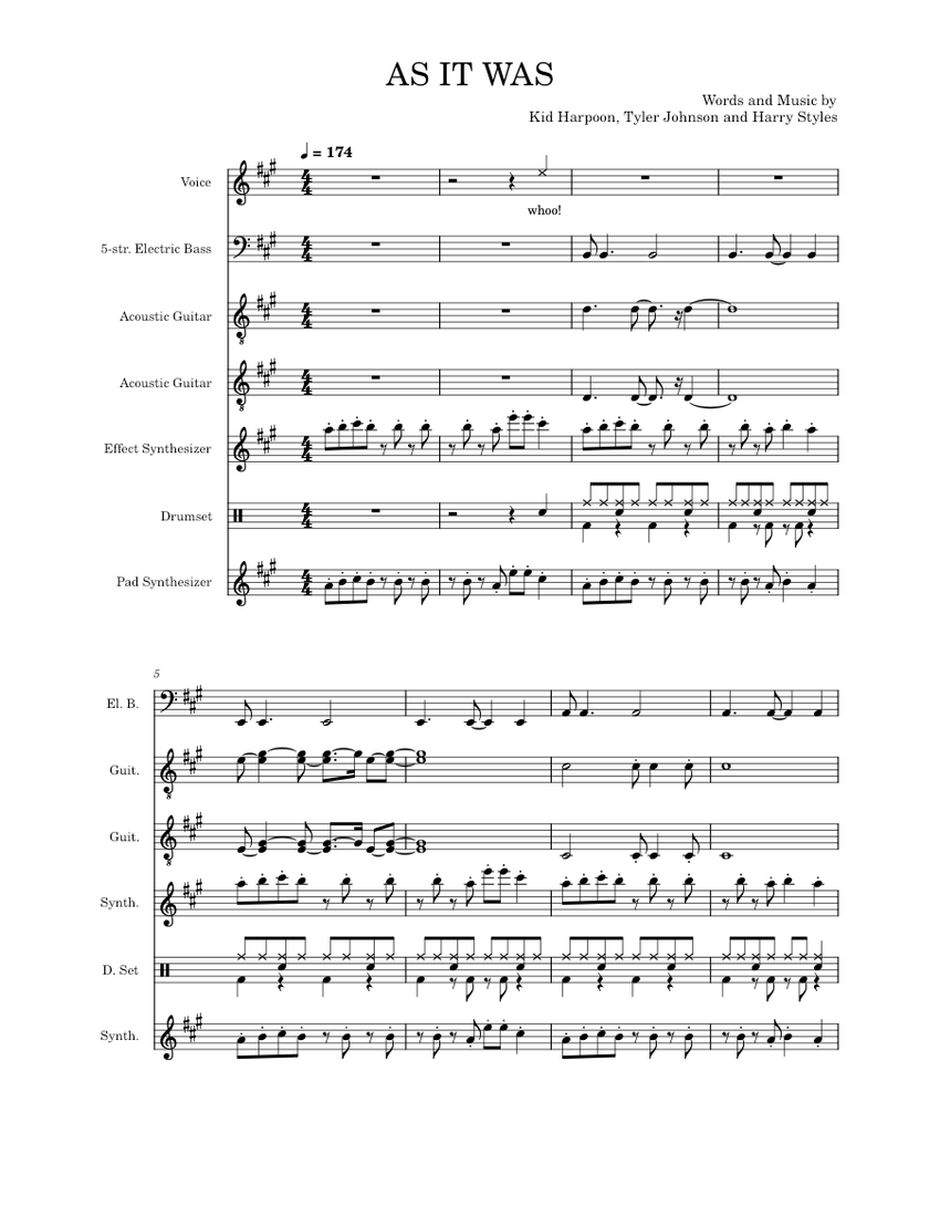 As It Was - Harry Styles Sheet Music for Piano, Vocals, Saxophone alto ...