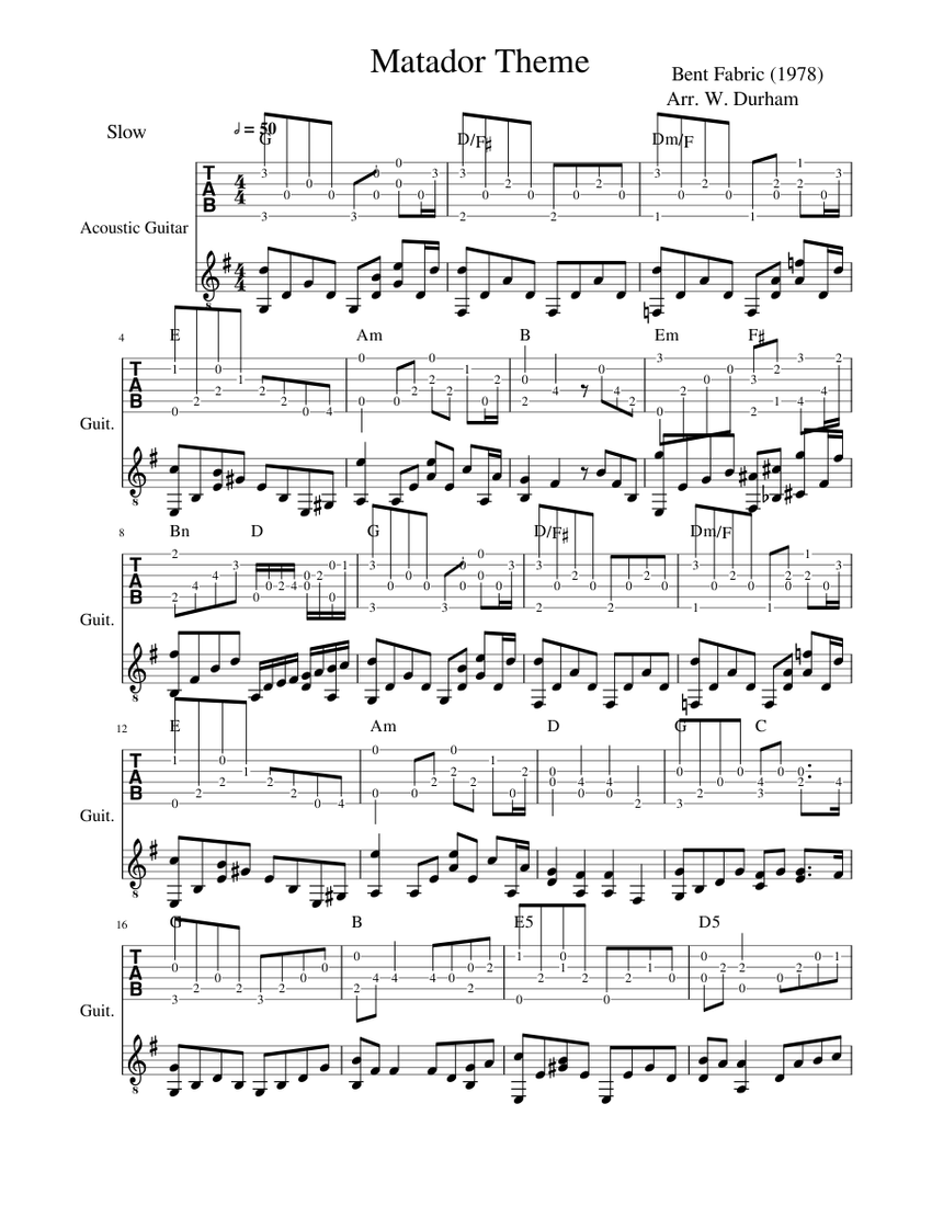 Matador Theme Song for Fingerstyle Guitar Sheet Music for Guitar (Solo ...