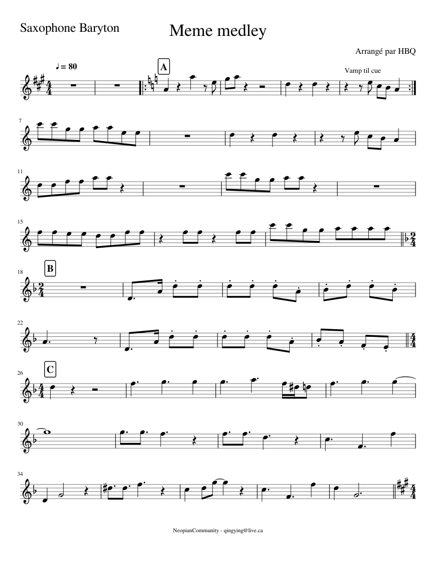 Meme medley - saxophone baryton Sheet Music for Saxophone baritone ...