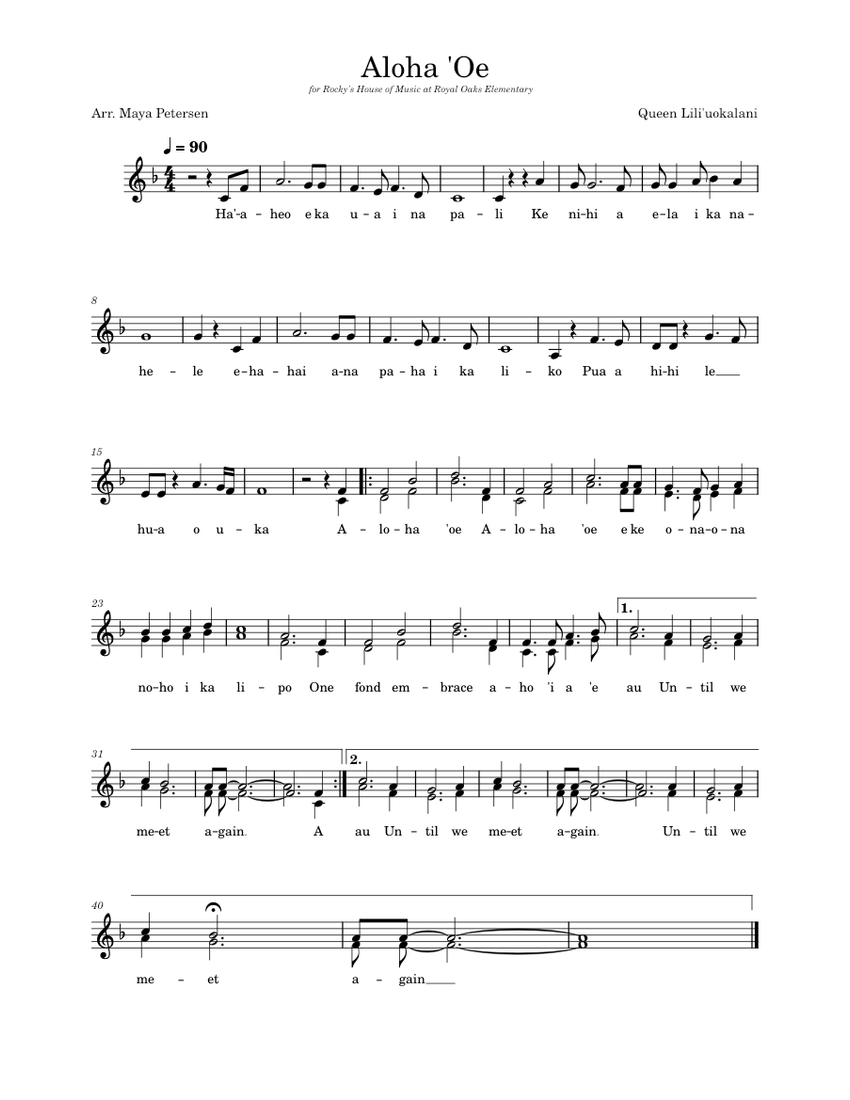 Aloha 'Oe – Queen Lili'uokalani Sheet Music for Piano (Choral) Easy ...