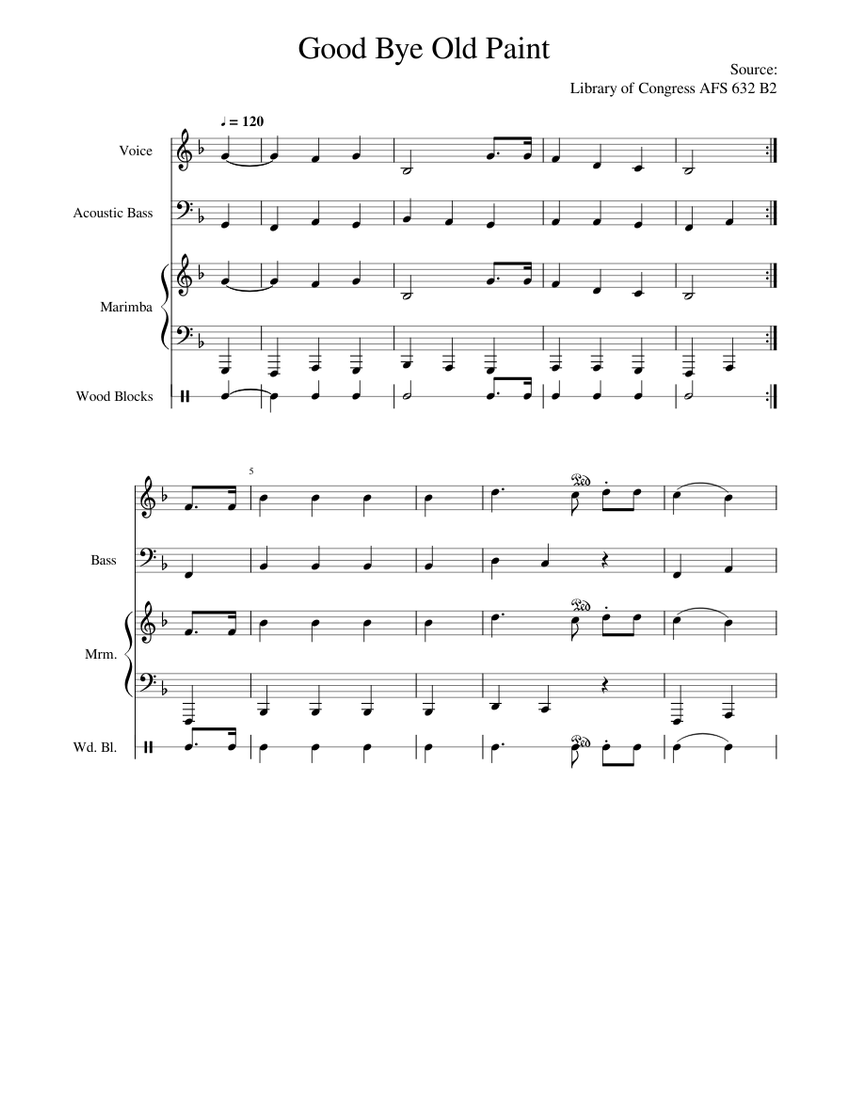 Goodbye,Old Paint Sheet Music for Bass guitar, Marimba, Woodblock ...