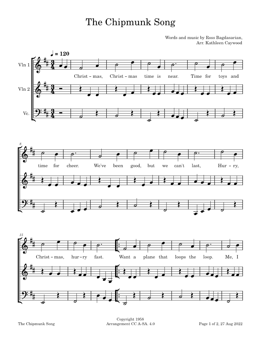 Chipmunk Song – Alvin and The Chipmunks Sheet music for Violin, Cello ...