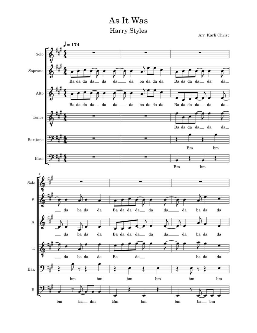 As It Was – Harry Styles As It Was (SATBB A Capella Arrangement)- Harry ...