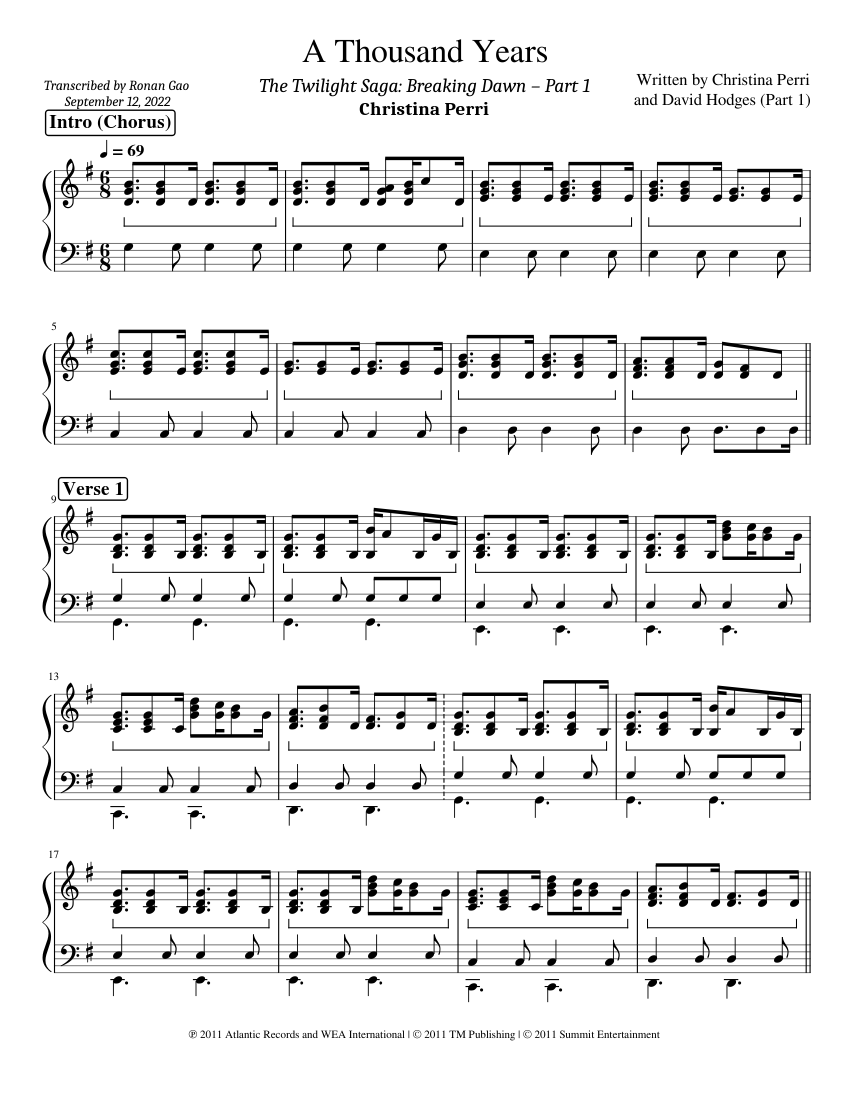 A Thousand Years – Christina Perri Sheet Music for Piano (Piano-Voice ...