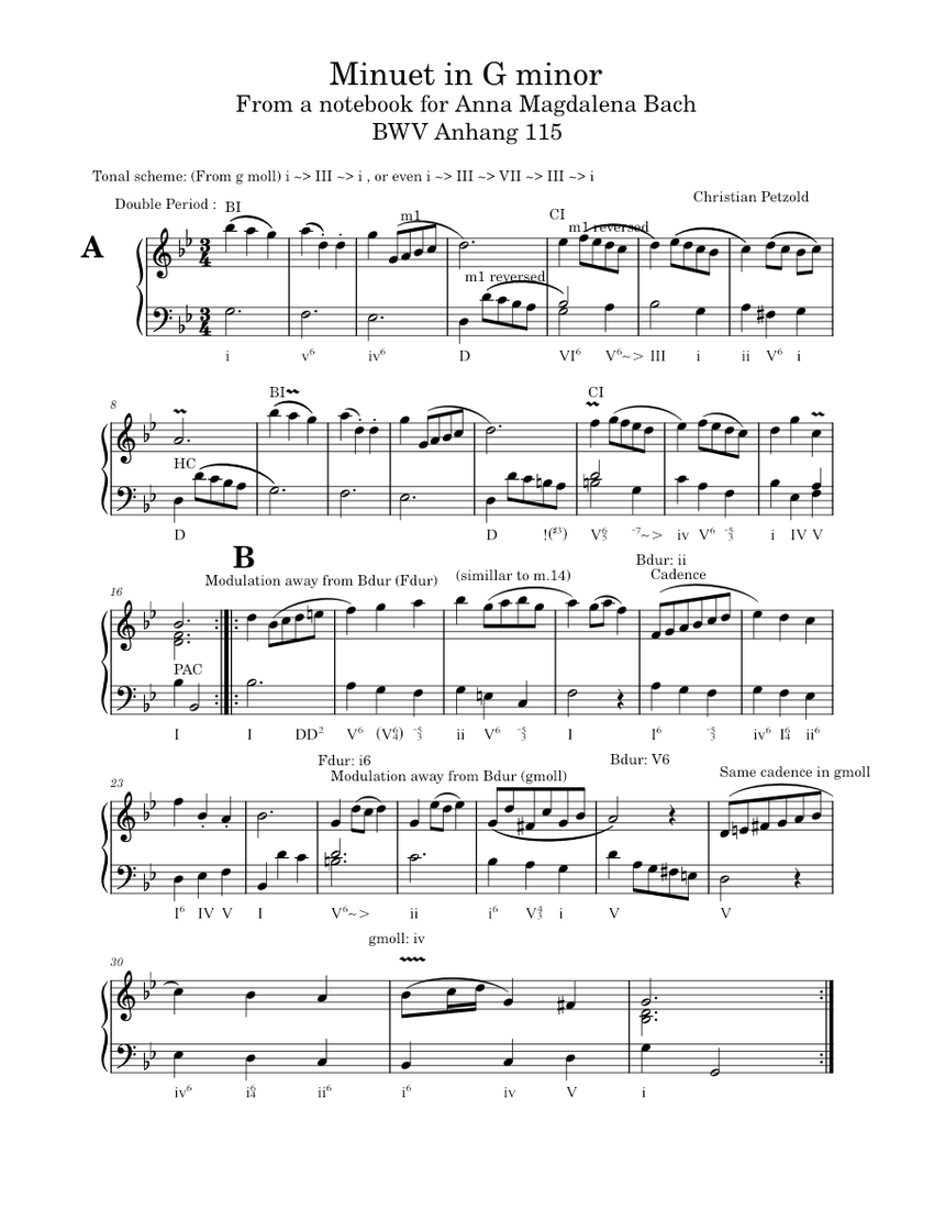 Minuet in G Minor BWV Anhang 115, Harmony/Structure analysis Sheet ...