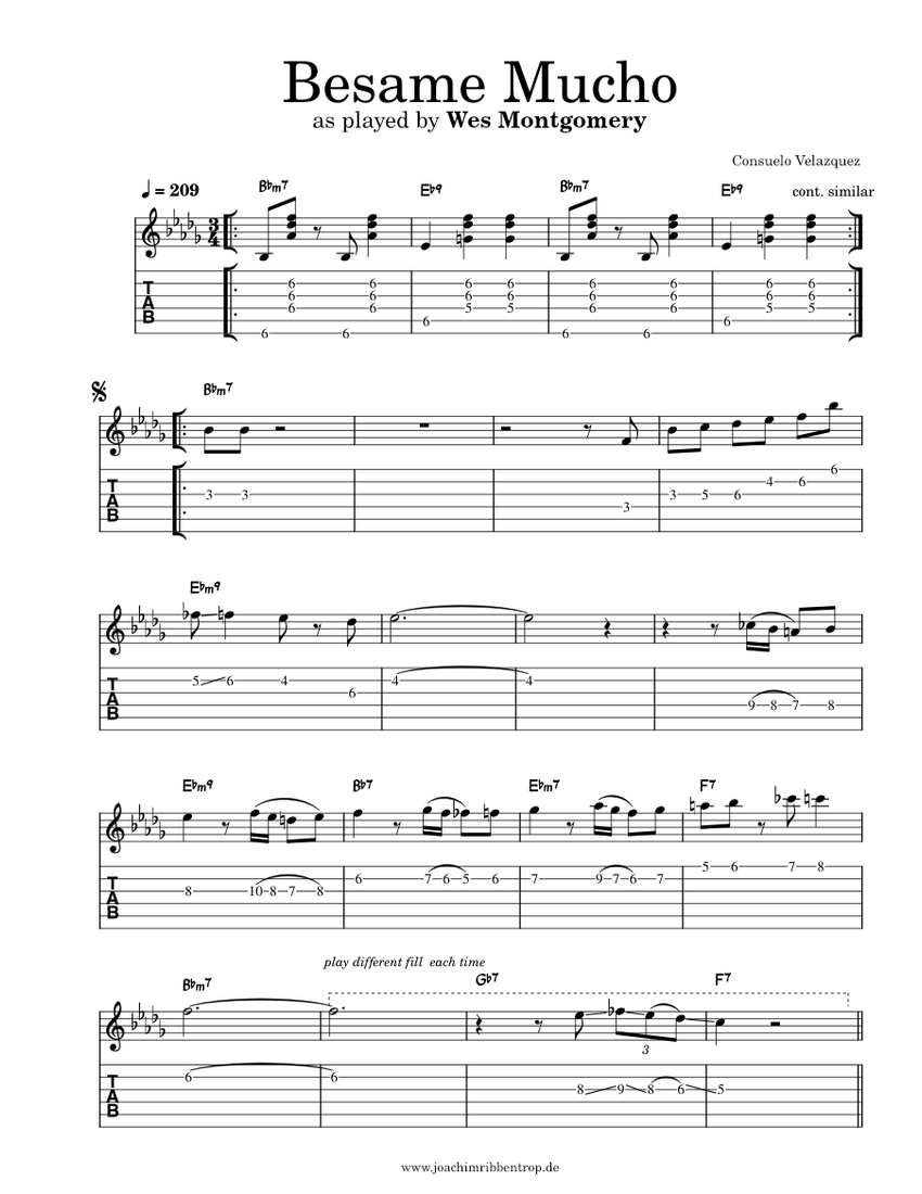 Besame Mucho – Wes Montgomery Sheet Music and Tab with Chords for ...