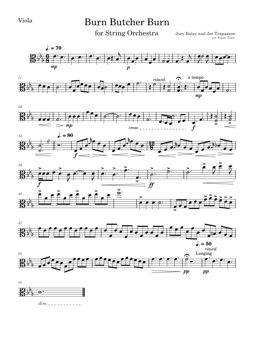 Burn Butcher Burn – Joe Trapanese and Joey Batey (Viola) Sheet music ...