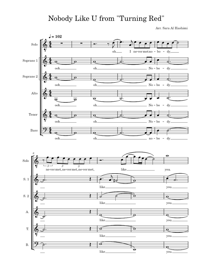 Nobody Like U from "Turning Red" Sheet Music for Soprano, Alto, Tenor ...