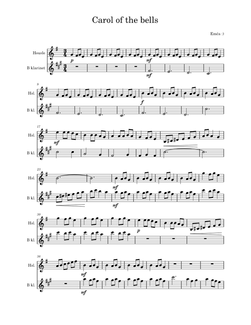 Carol of the Bells - violin and clarinet in B flat duet Sheet Music for ...