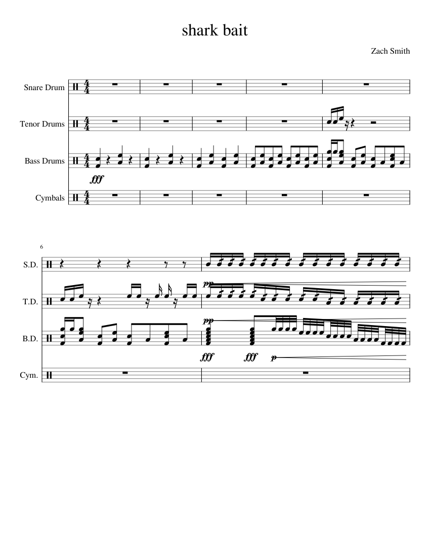 Shark Bait Sheet music for Snare drum, Crash, Tenor drum, Bass drum ...