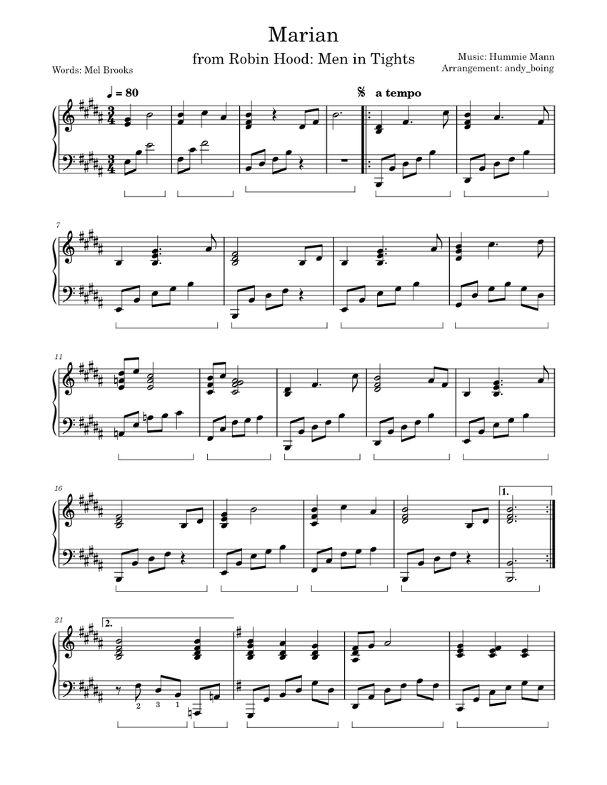 Marian - Robin Hood: Men in Tights Sheet music for Piano (Solo) Easy ...