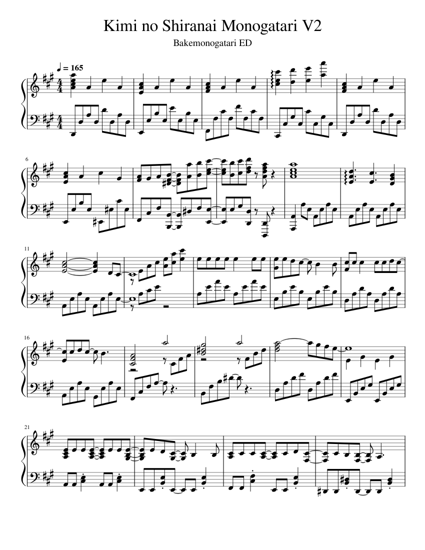 Bakemonogatari ED Kimi no Shiranai Monogatari Sheet music for Piano ...
