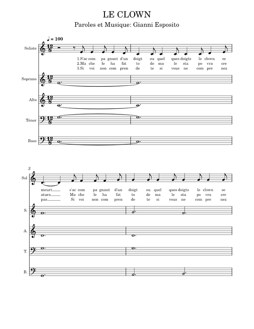 Le clown – giani esposito Sheet Music for Soprano, Alto, Tenor, Bass ...
