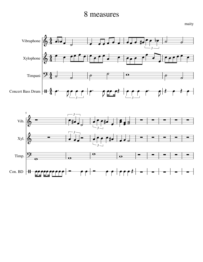 8 measures Sheet music for Timpani, Vibraphone, Bass drum, Xylophone ...