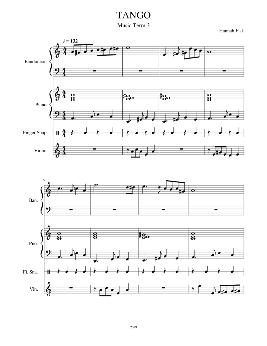 Tango Sheet Music for Piano, Bandoneon, Violin, Snap (Mixed Quartet ...